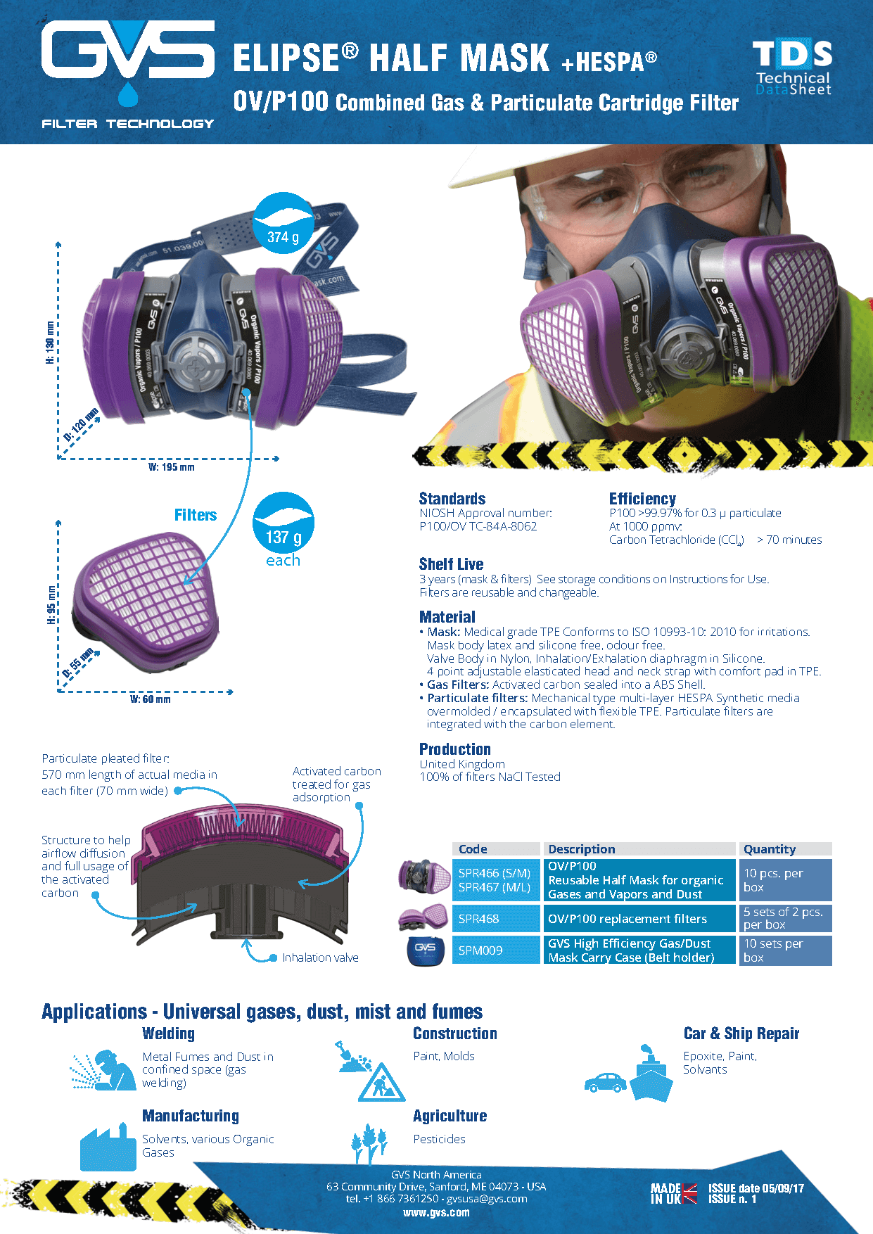 GVS Elipse SPR467 & SPR466 OV/P100 Respirator with Replaceable Filters ...