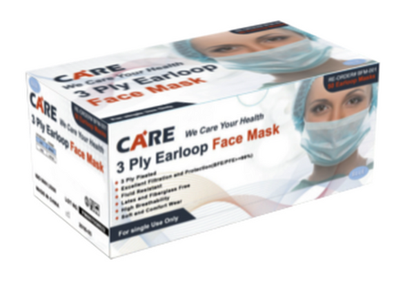 Care Plus 3 Ply Ear Loop Face Mask, 50 / Per Box – YourGloveSource.com